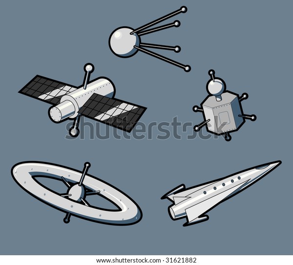 Various space machines including a space station,satellites and a ...