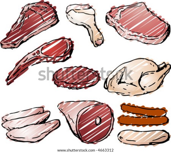 Varioust Cuts Raw Meat Handdrawn Lineart Stock Vector (Royalty Free ...