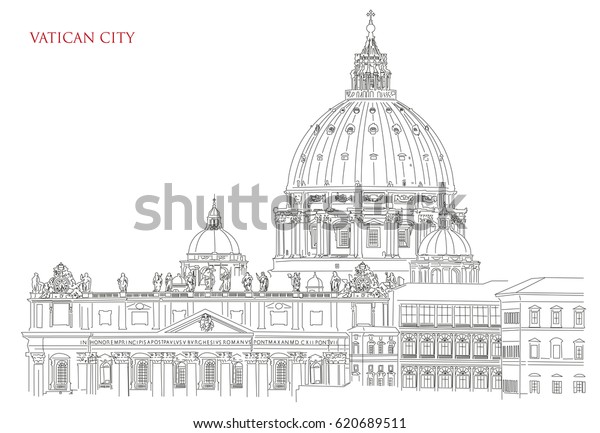 Ilustración vectorial mínima del Vaticano sobre fondo blanco, vista de ...