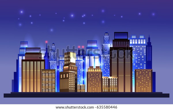 Vector 2d Night Citybuildings Scape Background เวกเตอร์สต็อก (ปลอดค่า ...