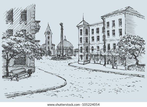 Vector Architectural Landscape Old Street City Stock Vector (Royalty ...
