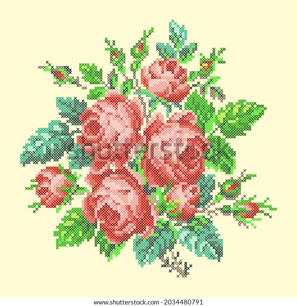 Vector Art Embroidery Red Roses Stock Vector (Royalty Free) 2034480791 ...