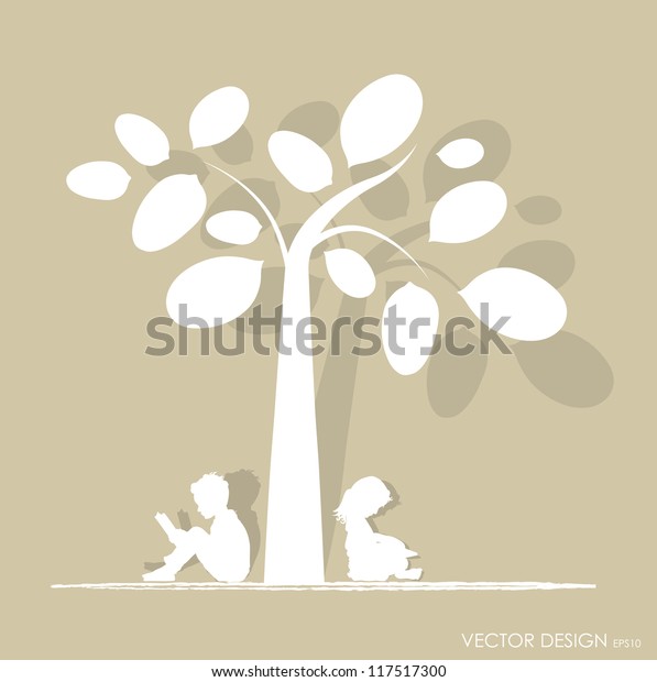 Vector background with children read a book under tree. Vector ...