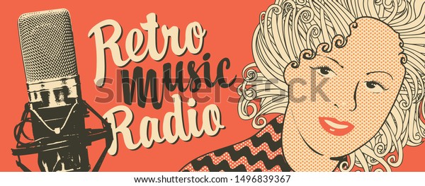 Vector banner for radio station with studio microphone, woman face and ...