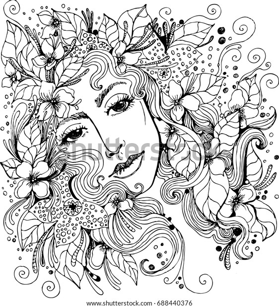 Vector Beautiful Girl Face Flowers Coloring Stock Vector (Royalty Free ...