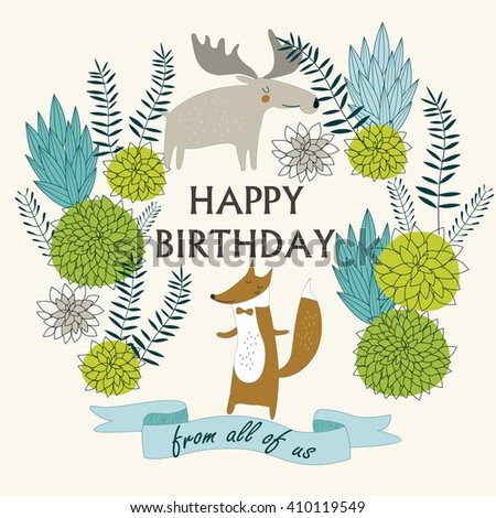 Vector Birthday Card Cute Elk Fox Stock Vector (Royalty Free) 410119549 ...