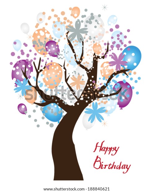 Vector Birthday Card Tree Balloons Confetti Stock Vector (Royalty Free ...