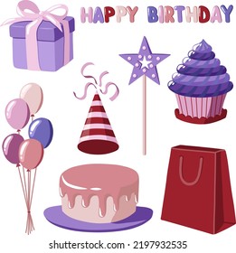 Vector Birthday Clipart Set Cake Gift Stock Vector (Royalty Free ...