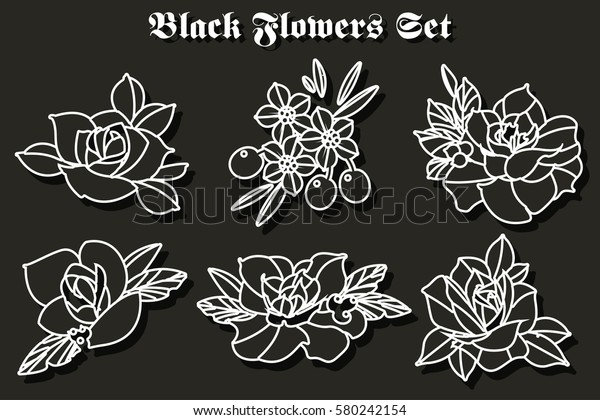 Vector Black Flowers Stickers Set Traditional Stock Vector (Royalty ...