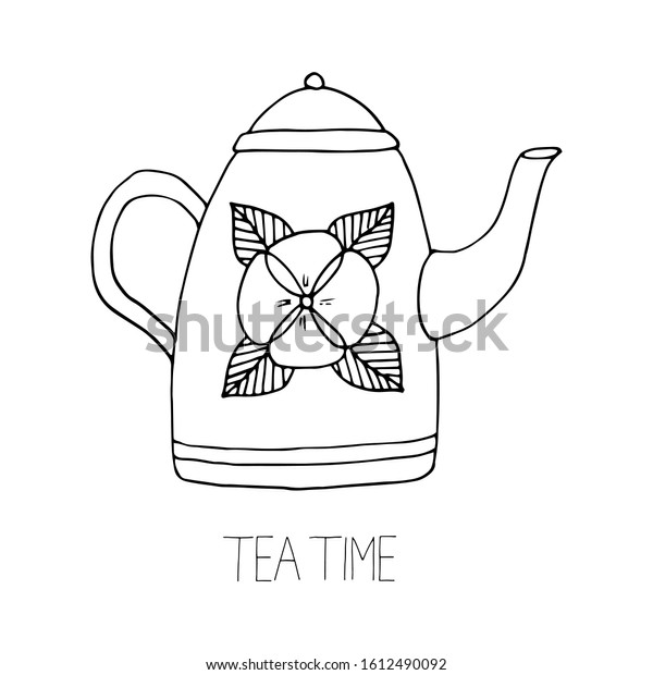 Vector Black Line Kettle Flower Leaves Stock Vector (Royalty Free ...
