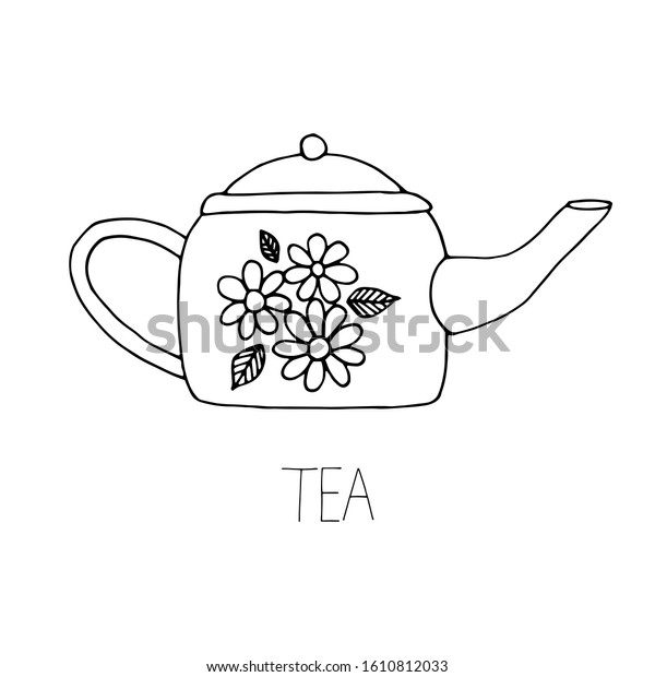 Vector Black Line Kettle Flowers Leaves Stock Vector (Royalty Free ...