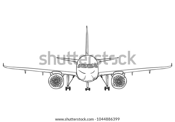 Vector Black Sketch Airplane with Chassis. Front View Aeroplane. Hand ...