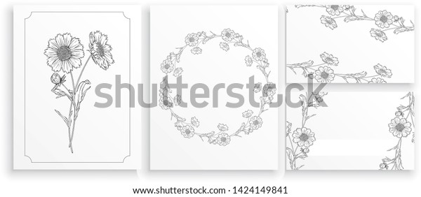 Vector Black White Contour Flower Arrangement Stock Vector (Royalty ...