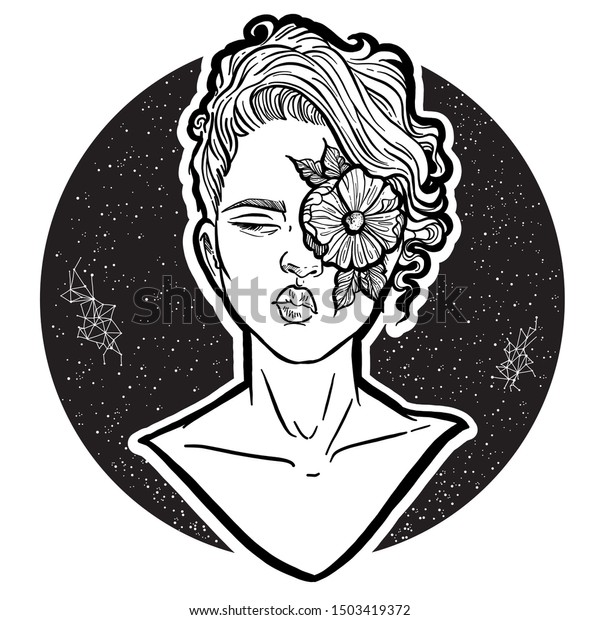 Vector Black White Portrait Illustration Beautiful Stock Vector