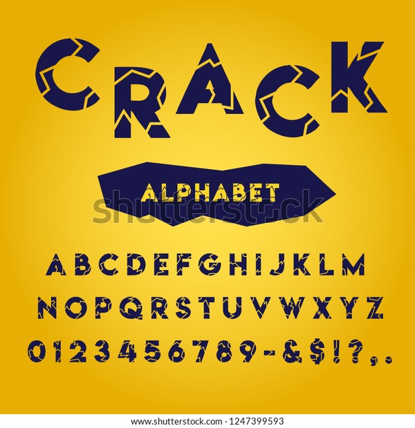 Vector of blue, cracked font and alphabet on yellow background. The ...