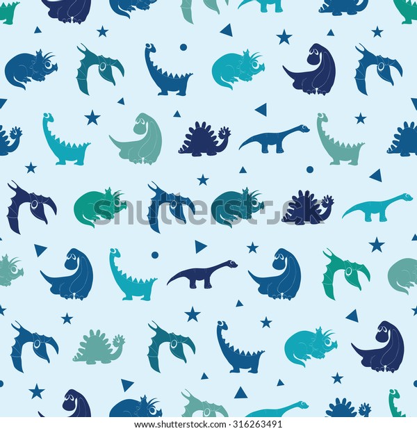 Vector Blue Dinosaurs Silhouettes Seamless Pattern Stock Vector ...