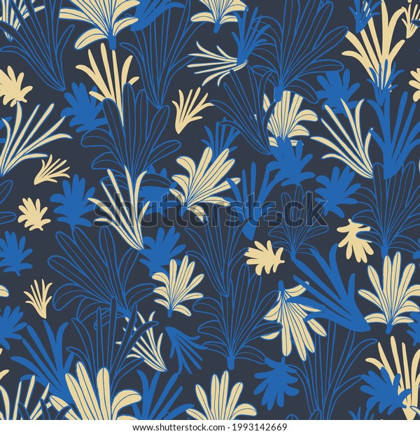 Vector Blue Yellow Leaves Tropic Seamless Stock Vector (Royalty Free ...