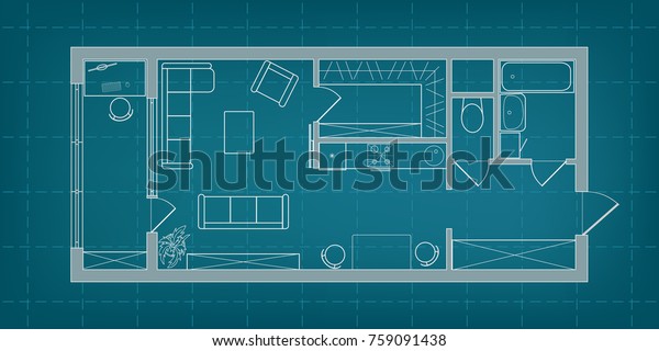 Vector Blueprint Floor Plan Long Studio: เวกเตอร์สต็อก (ปลอดค่า ...