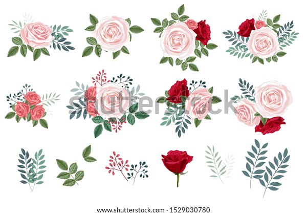 Vector Bouquet Set Roses Leaves Floral Stock Vector (Royalty Free ...