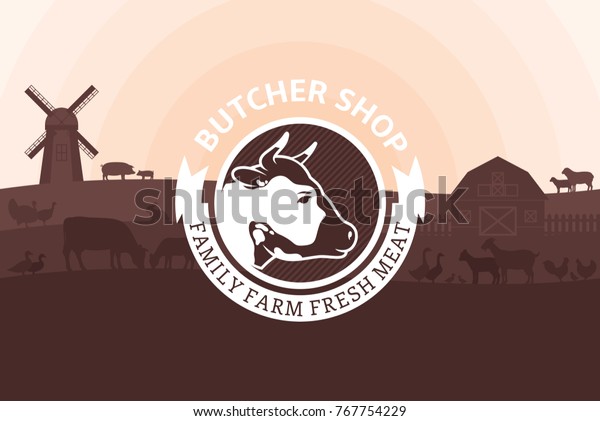 Vector Butcher Shop Illustration Rural Landscape Stock Vector (Royalty ...