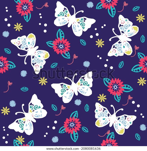 Vector Butterflies Flowers Background Repeated Patterns Stock Vector ...