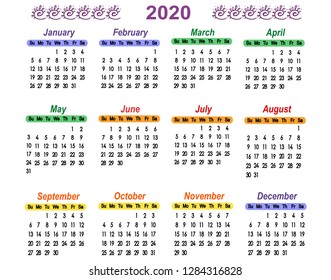 2020 Calendar Red Numbers Two Columns Stock Vector (Royalty Free ...