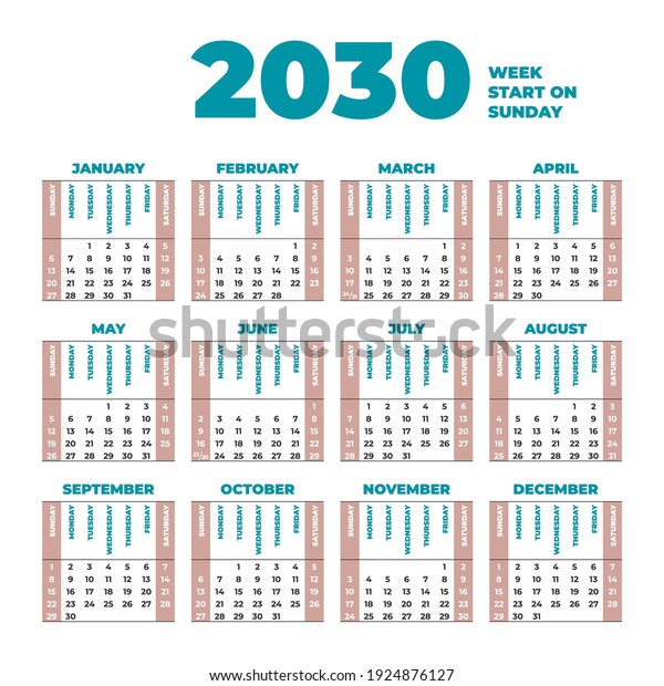 Vector Calendar 2030 Year Weeks Start Stock Vector (Royalty Free ...