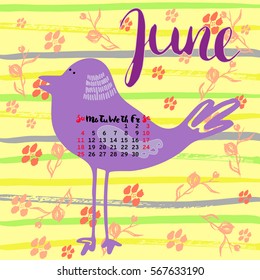 Vector Calendar June 2017 Hand Drawn Stock Vector (Royalty Free ...