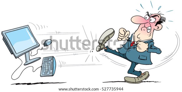 Vector Cartoon Angry Man Kicking Computer Stock-vektor (royaltyfri ...