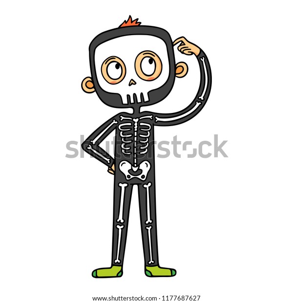 Vector Cartoon Boy Skeleton Costume Scratching Stock Vector (Royalty ...