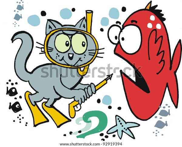 Vector Cartoon Cat Underwater Spearfishing Stock Vector (Royalty Free ...