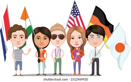 Vector Cartoon Characters Nationalities Flags: เวกเตอร์สต็อก (ปลอดค่า ...