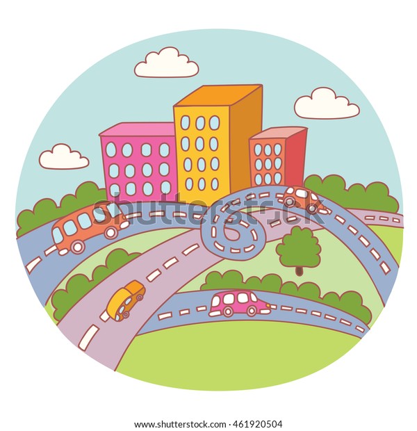Vector Cartoon City Landscape Road Buildings Stock Vector (Royalty Free ...