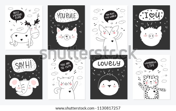 Vector Cartoon Collection Postcards Cute Doodle Stock Vector (Royalty ...