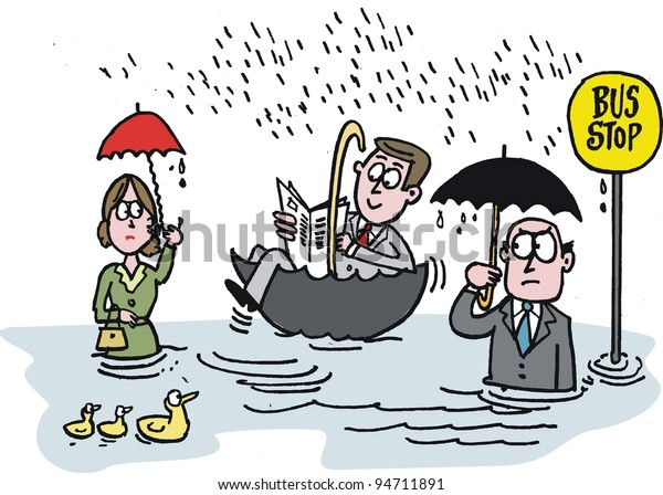 Vector Cartoon Commuters Waiting Rain Bus Stock Vector (Royalty Free ...