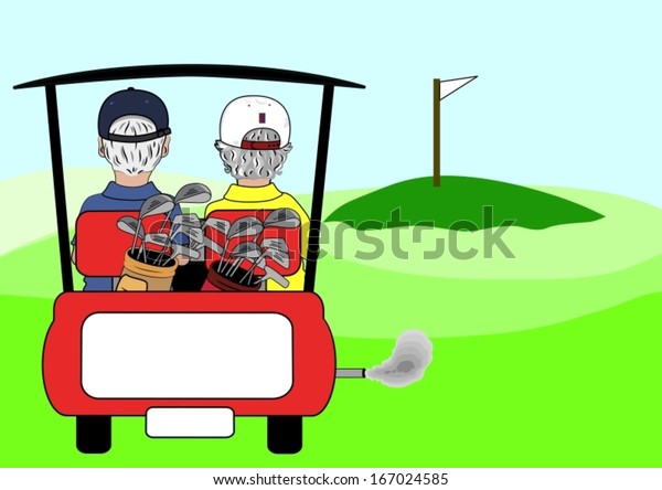 A vector cartoon of a couple riding in a golf cart on a golf course.