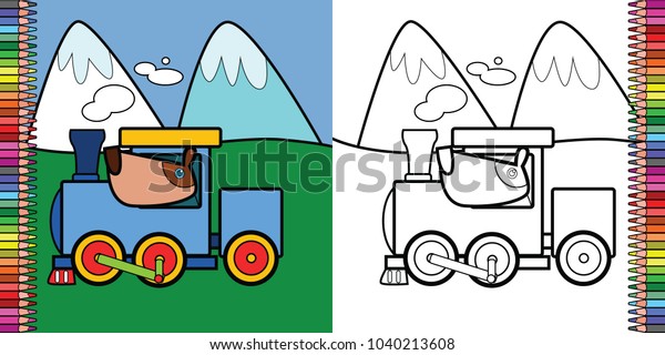 Vektor Stok Vector Cartoon Dog On Train Coloring (Tanpa Royalti ...