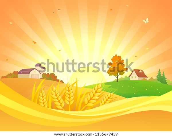 Vector Cartoon Drawing Beautiful Autumn Sunset Stock Vector (Royalty ...
