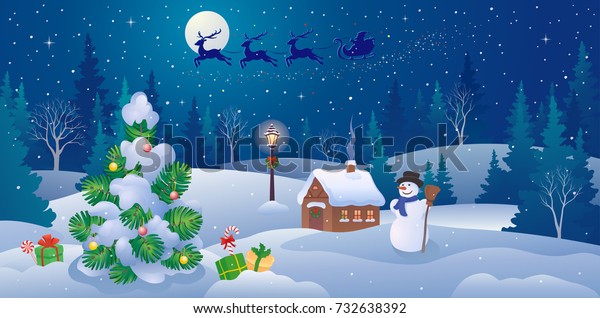 Vector Cartoon Drawing Christmas Landscape Panorama Stock Vector ...