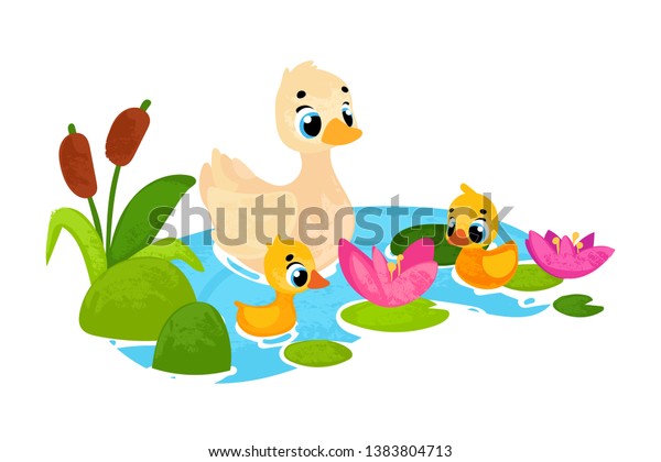 Vector Cartoon Duck Ducklings On Pond Stock Vector (Royalty Free ...