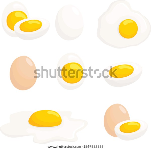 Vector cartoon egg isolated on white background. Collection of fried, boiled, half, sliced ...