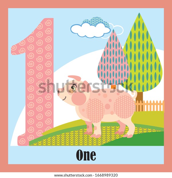 Vector cartoon flashcards of animal numbers, number 1. Colorful cartoon ...