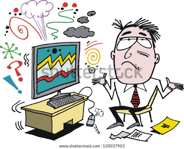 Vector cartoon of frustrated man with defective computer.