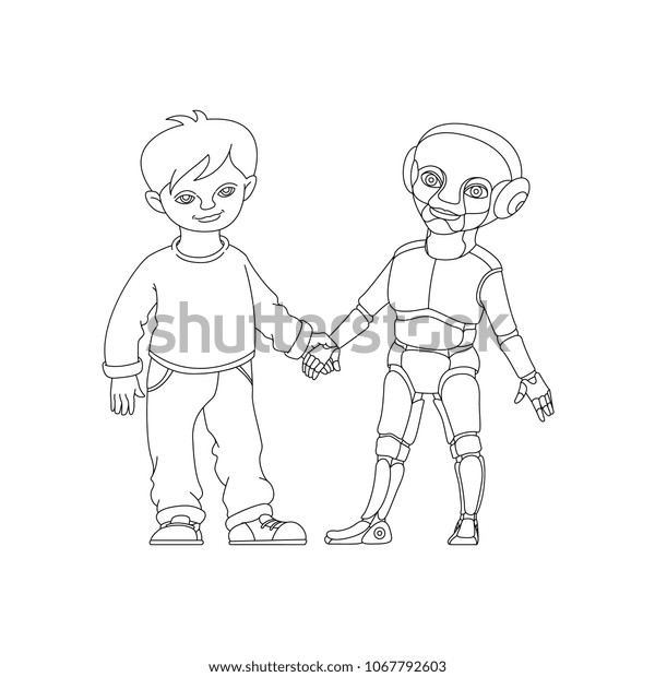 Vector Cartoon Futuristic People Robot Interactions Stock Vector ...