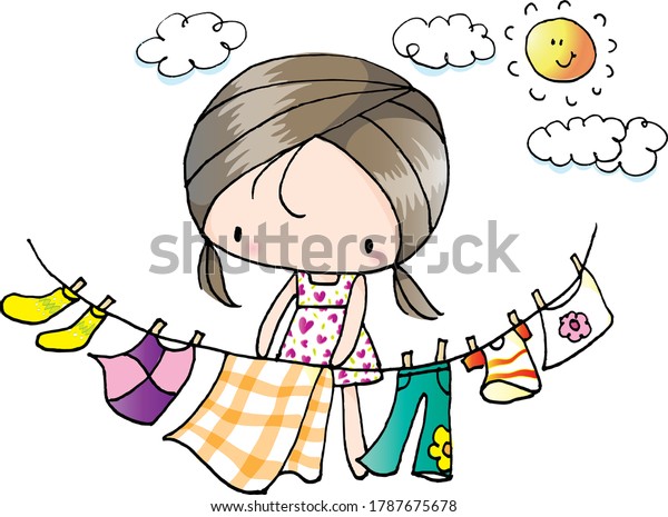 Vector Cartoon Girl Dry Clothes Stock Vector (Royalty Free) 1787675678 ...