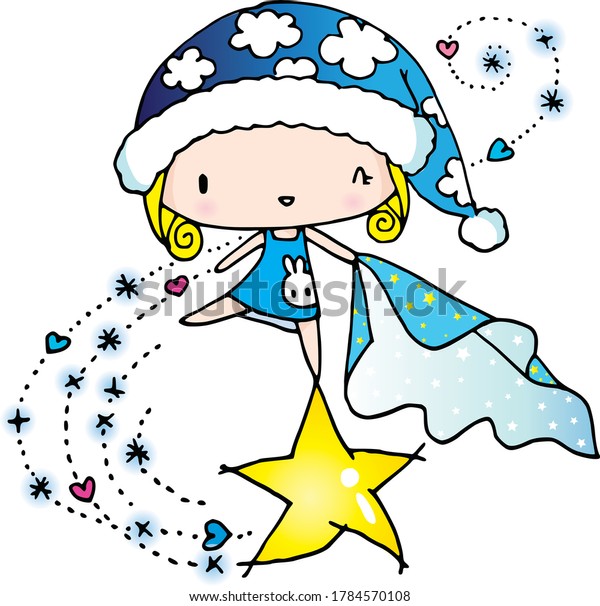 Vector Cartoon Girl Nightcap On Star Stock Vector (Royalty Free ...
