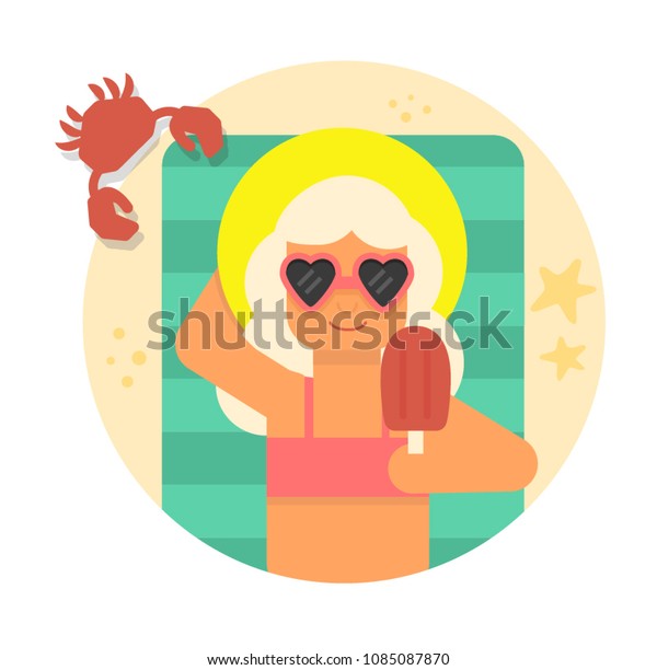 Vector Cartoon Girl Sunbathing On Beach Stock Vector (Royalty Free ...