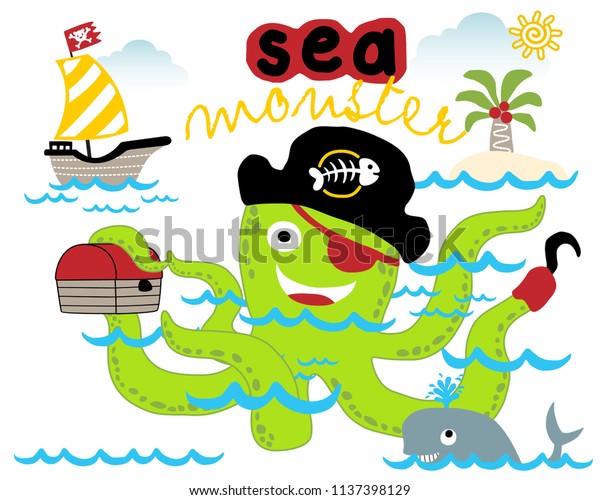 Vector Cartoon Green Sea Monster Stock Vector (Royalty Free) 1137398129