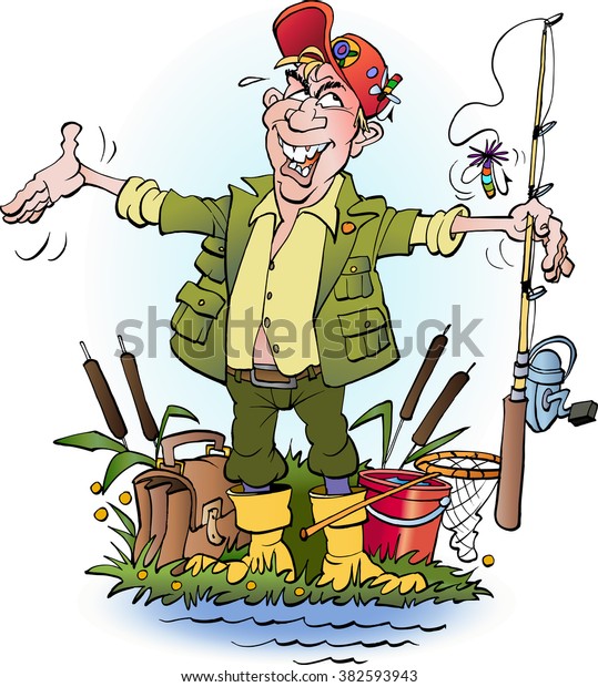 Vector cartoon illustration an angler who lies
