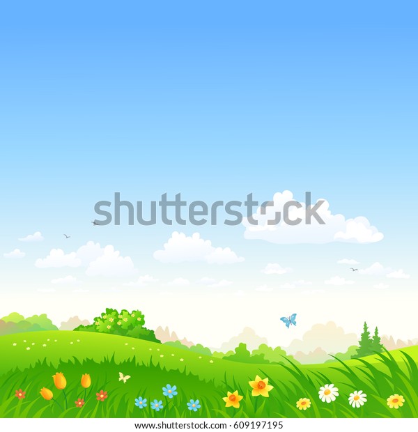 Vector cartoon illustration of a beautiful meadow with spring flowers ...